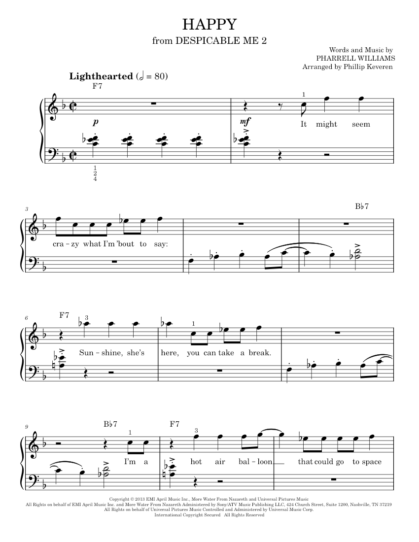 Play Official version of Happy Sheet Music by Pharrell Williams for ...
