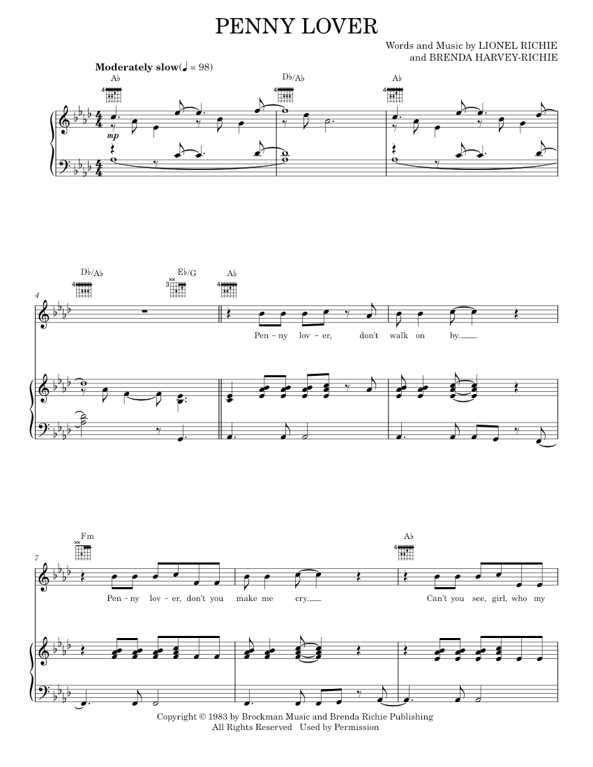 Play Official version of Penny lover Sheet Music by Lionel Richie for ...
