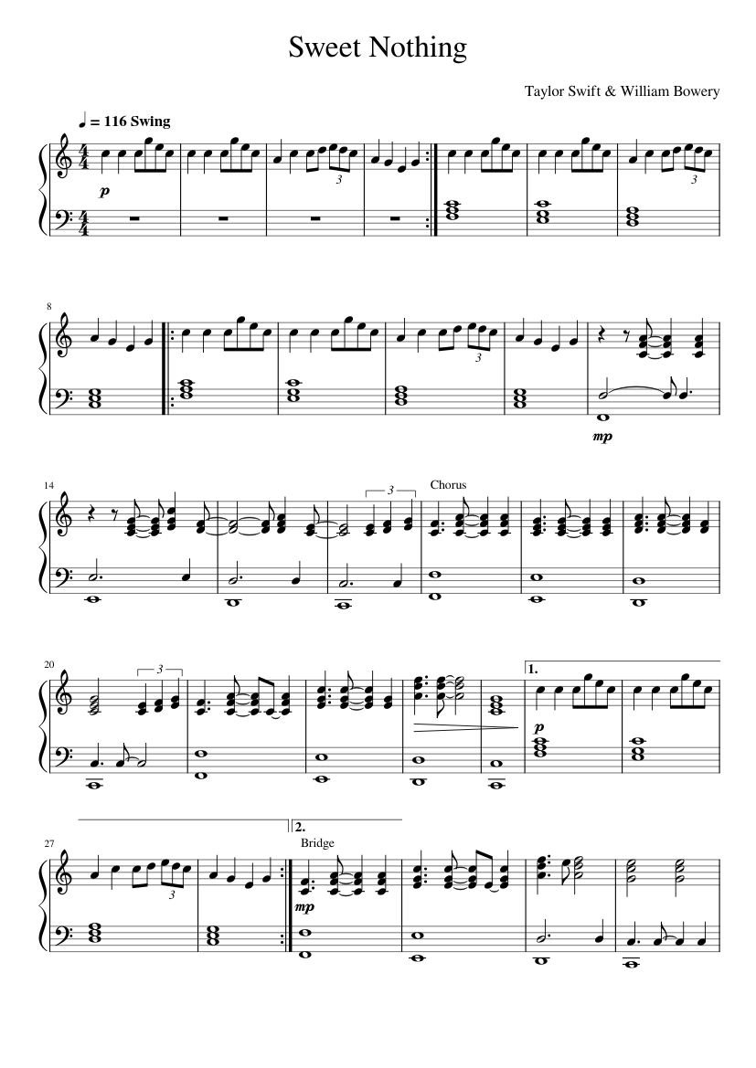 Sweet Nothing- Taylor Swift Sheet Music for Piano (Solo) easy ...