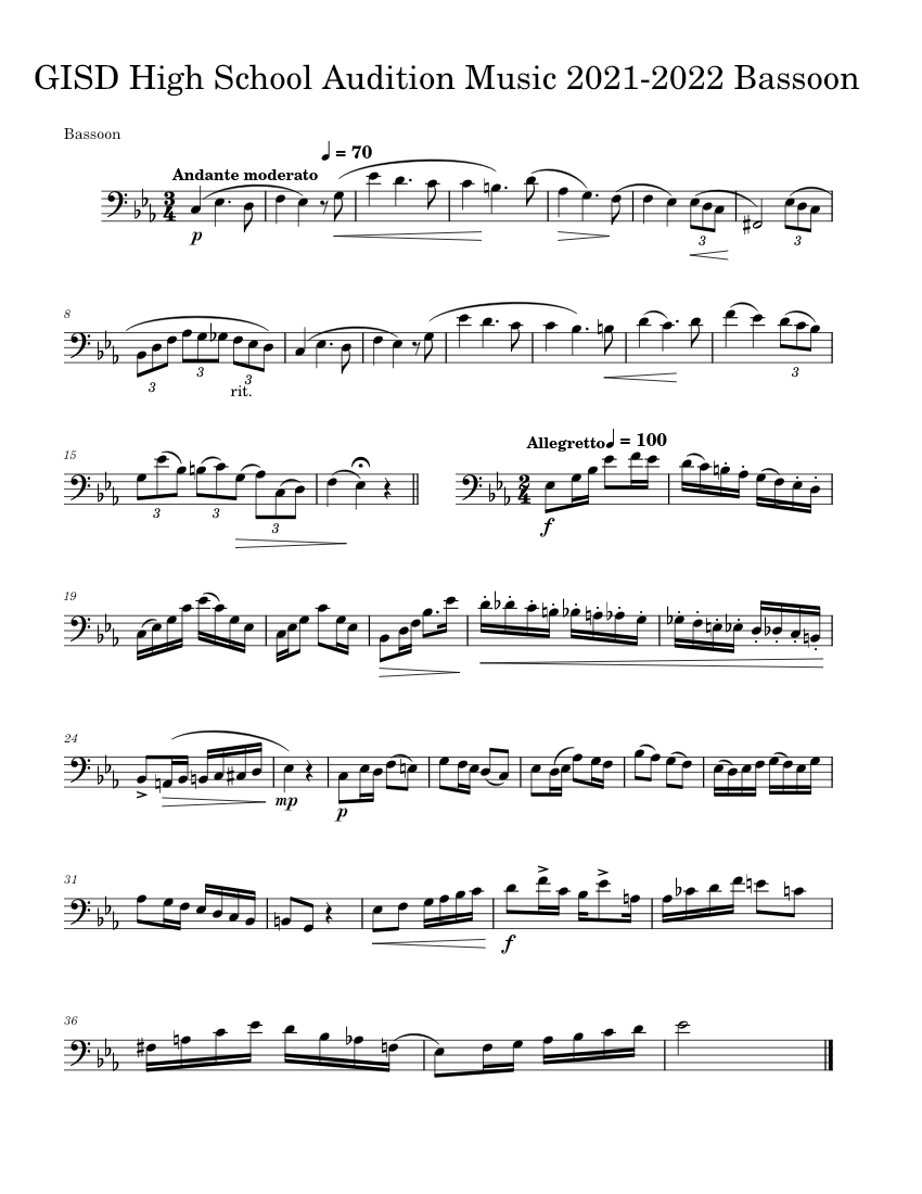 GISD High School Audition Music 2021-2022 Bassoon Sheet music for ...