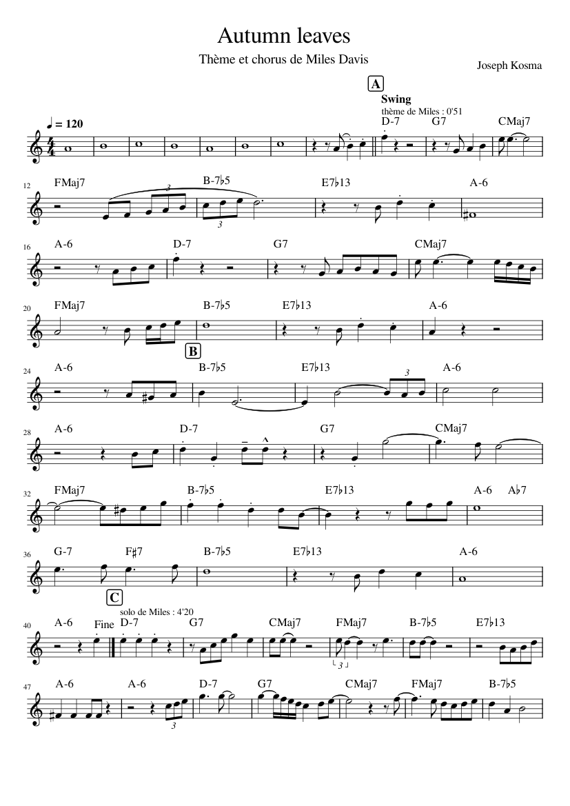 Autumn leaves Miles Davis Version Sheet Music for Trumpet other (Solo) | MuseScore.com