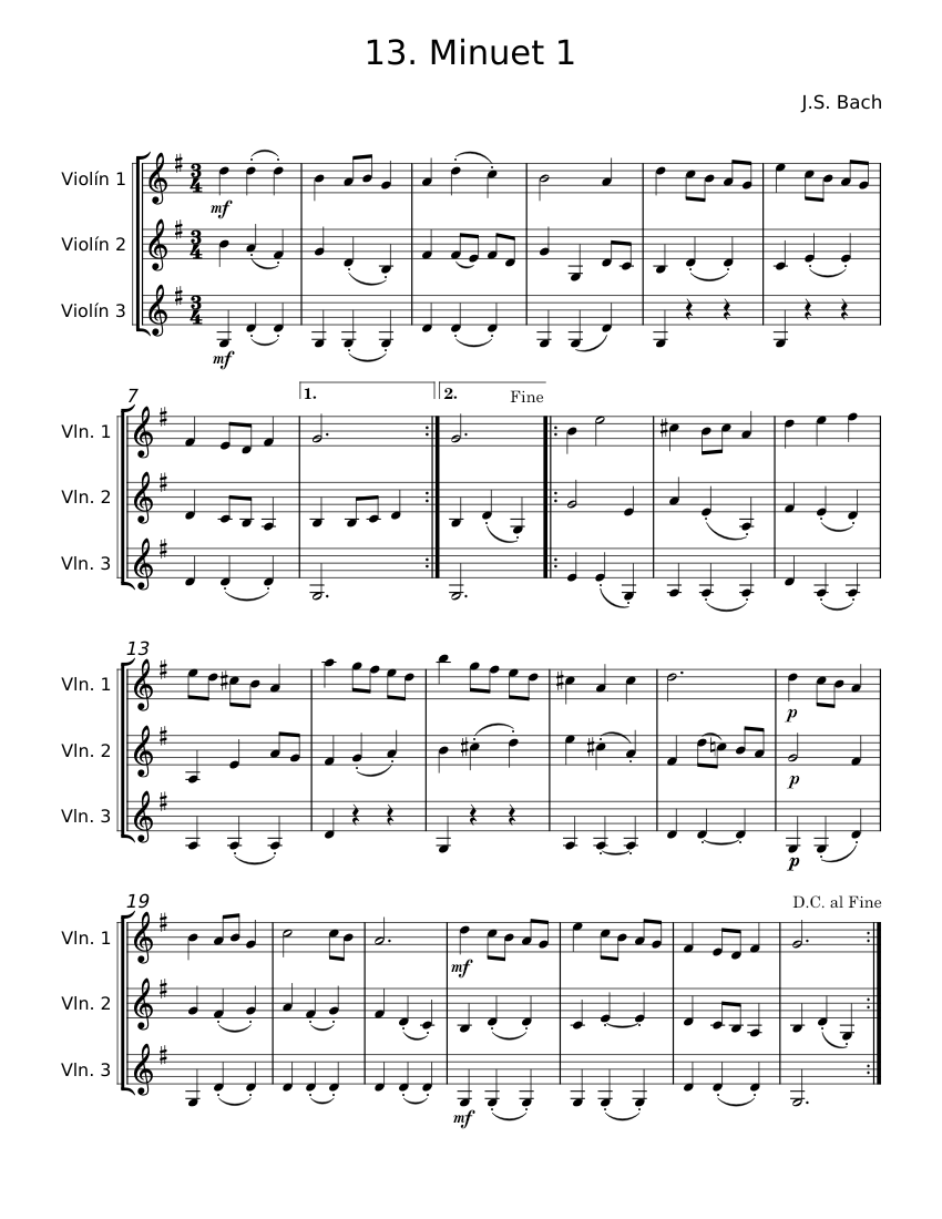 Minuet 1 - Johann Sebastian Bach Sheet music for Violin, Strings group (Mixed Trio) | Musescore.com