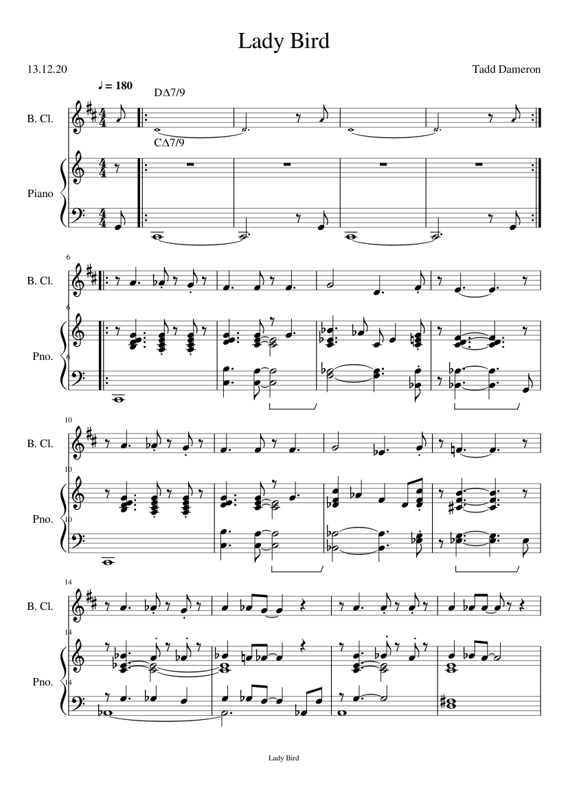 Lady Bird by Tadd Dameron Sheet Music for Piano, Clarinet bass (Mixed ...