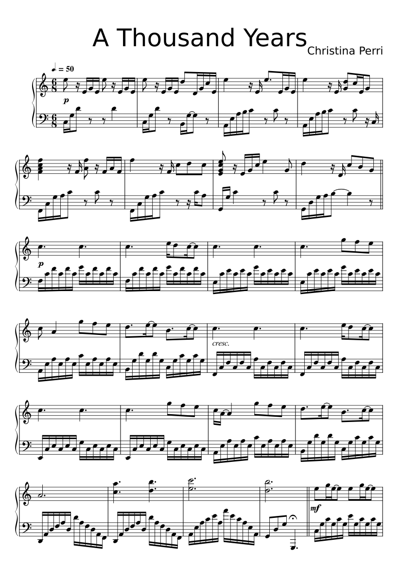 A THOUSAND YEARS – Christina Perri Sheet Music for Piano (Solo) easy ...