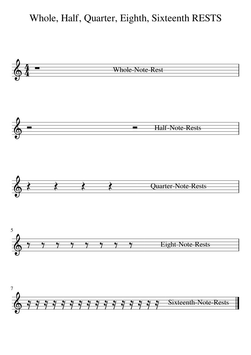 Whole, Half, Quarter, Eighth, Sixteenth RESTS Sheet music for Piano ...