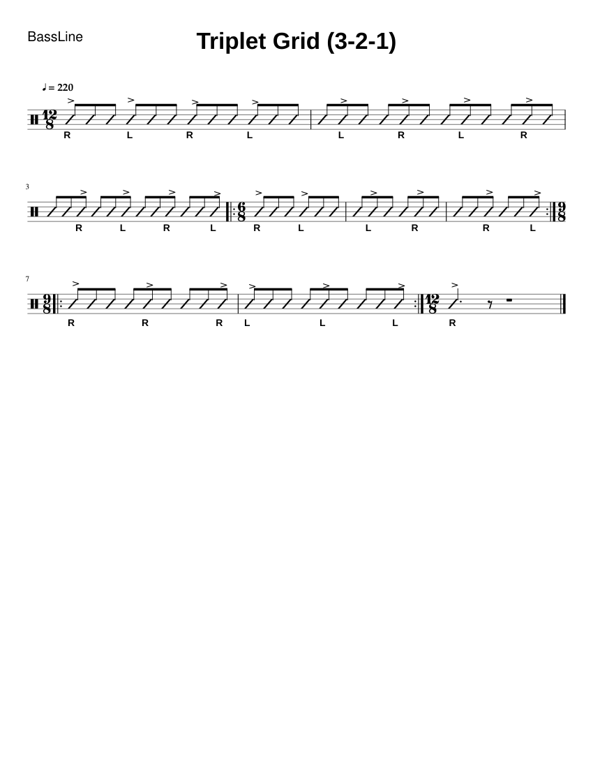 Triplet Grid (3-2-1) (BassLine) Sheet music for Bass drum (Solo ...