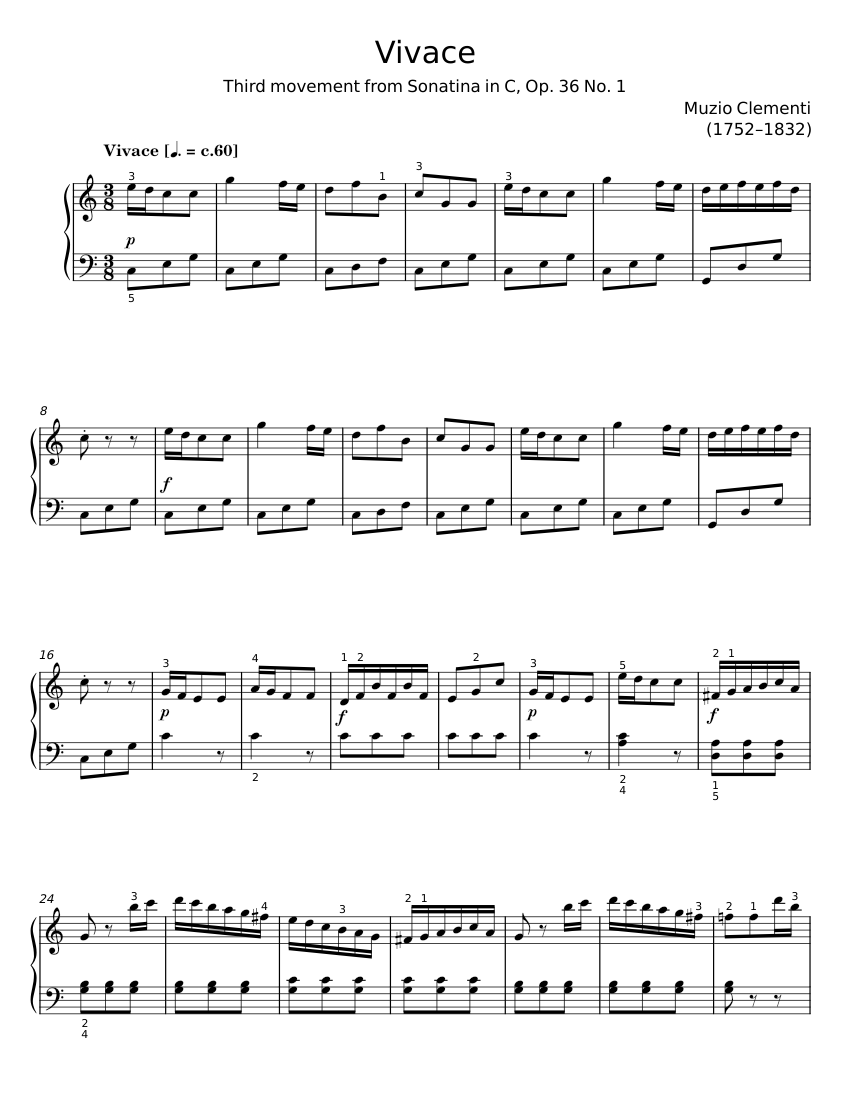 Sonatina Op.36, No.1 (Vivace) - Muzio Clementi Sheet Music for Piano (Solo) Easy | MuseScore.com