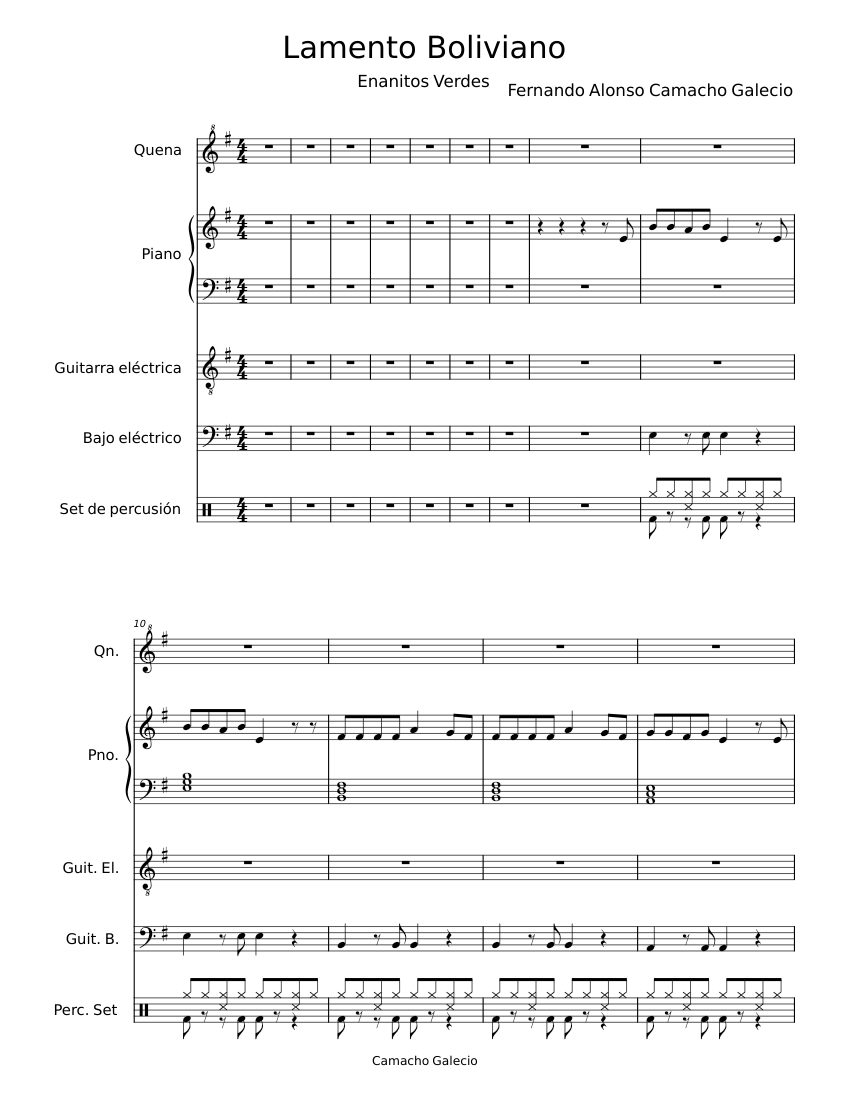 Lamento Boliviano - Enanitos Verdes Sheet music for Piano, Saxophone baritone, Guitar, Bass ...