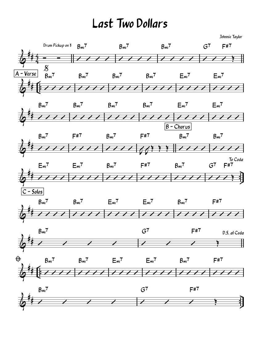 Last Two Dollars – Johnnie Taylor Sheet Music with Chords for Piano ...