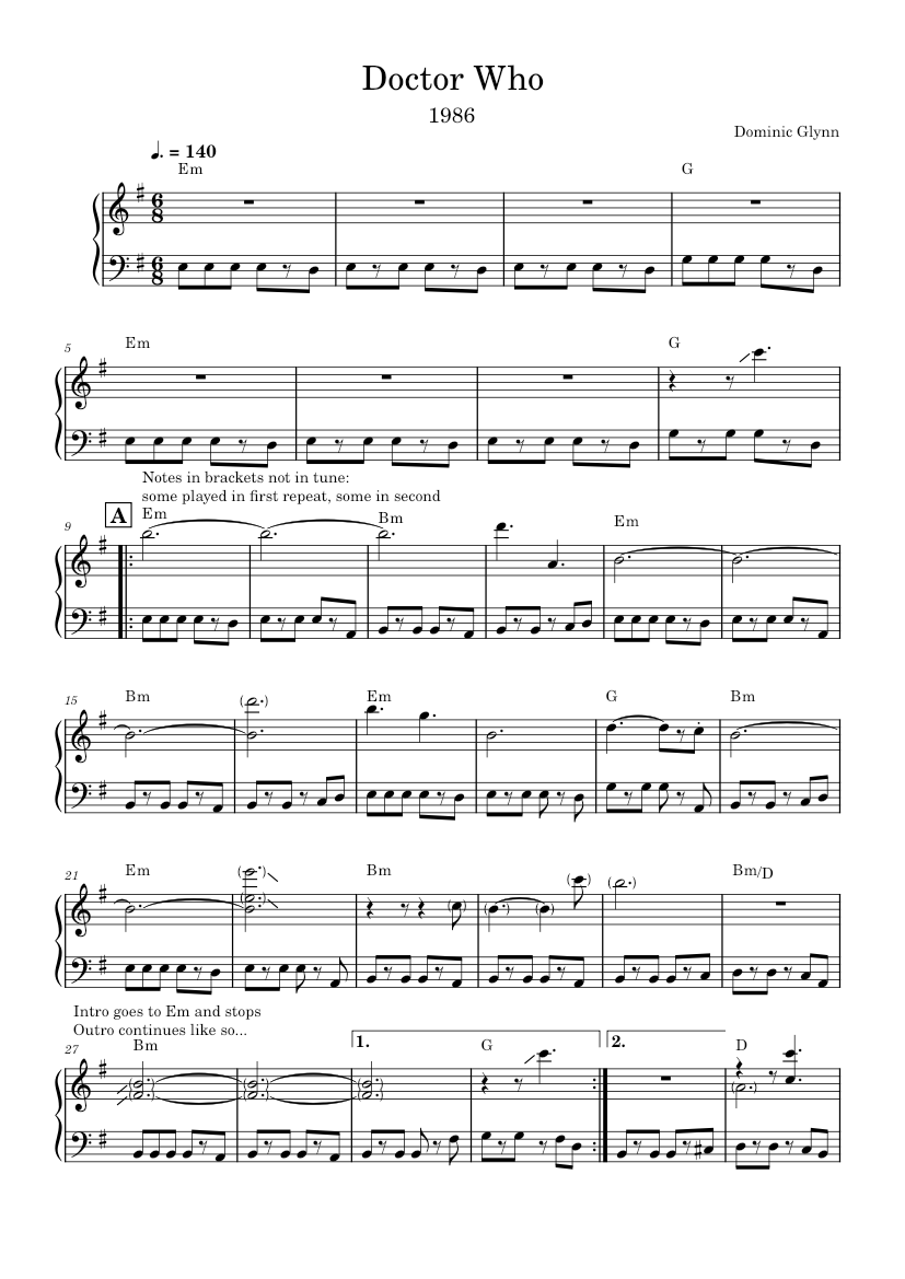 Doctor Who Intro - 1986 Sheet music for Piano (Solo) Easy | Musescore.com