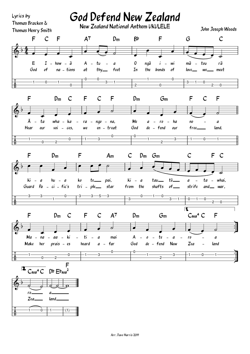 God Defend New Zealand - New Zealand National Anthem (Ukulele) Sheet ...