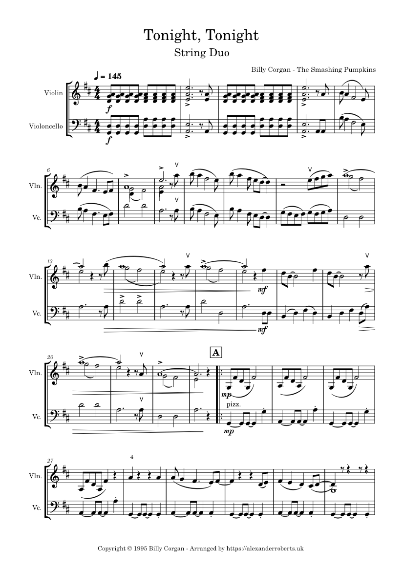 Tonight, Tonight - The Smashing Pumpkins Sheet Music for Violin, Cello ...