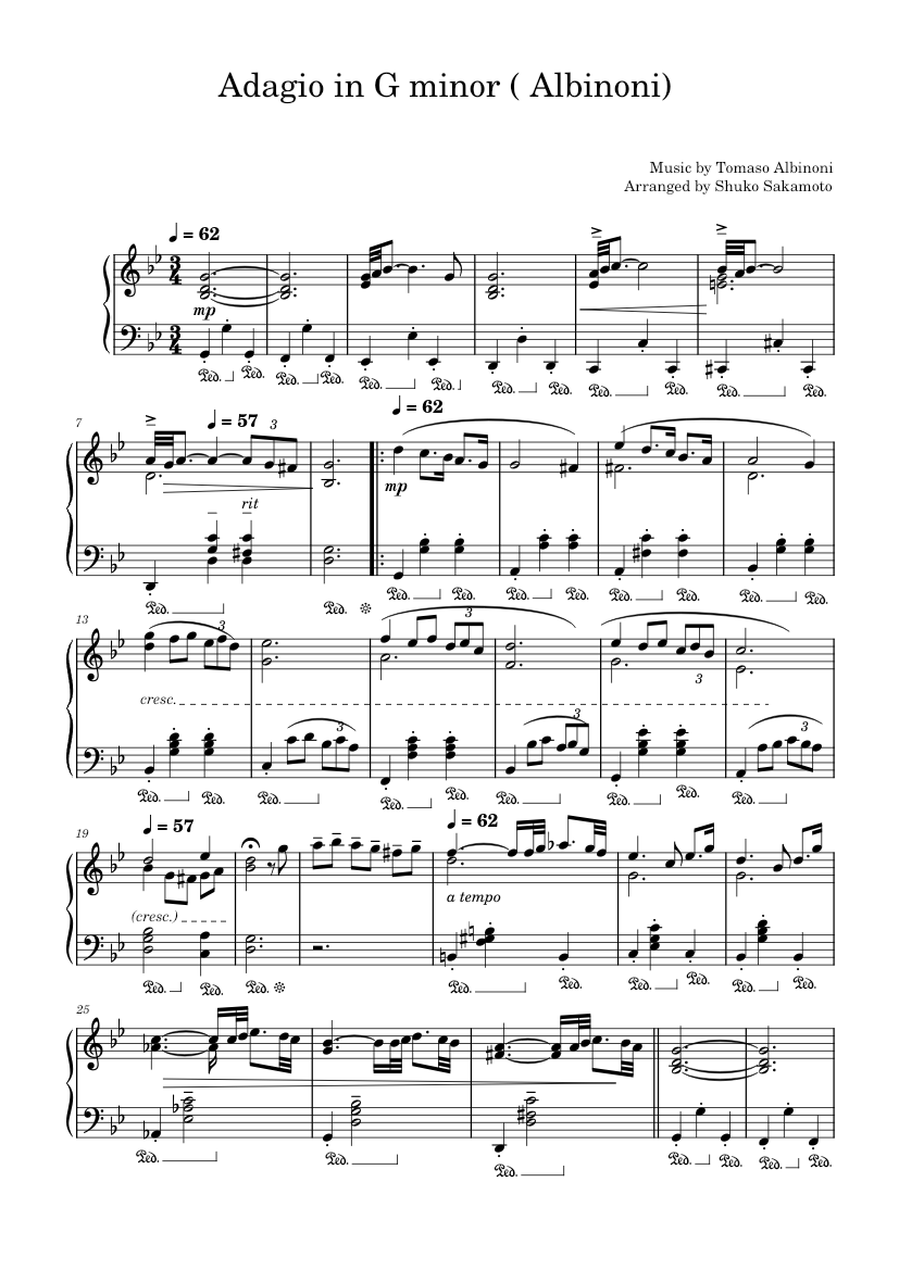Adagio – Tomaso Albinoni Adagio in G Minor - solo piano Sheet Music for ...