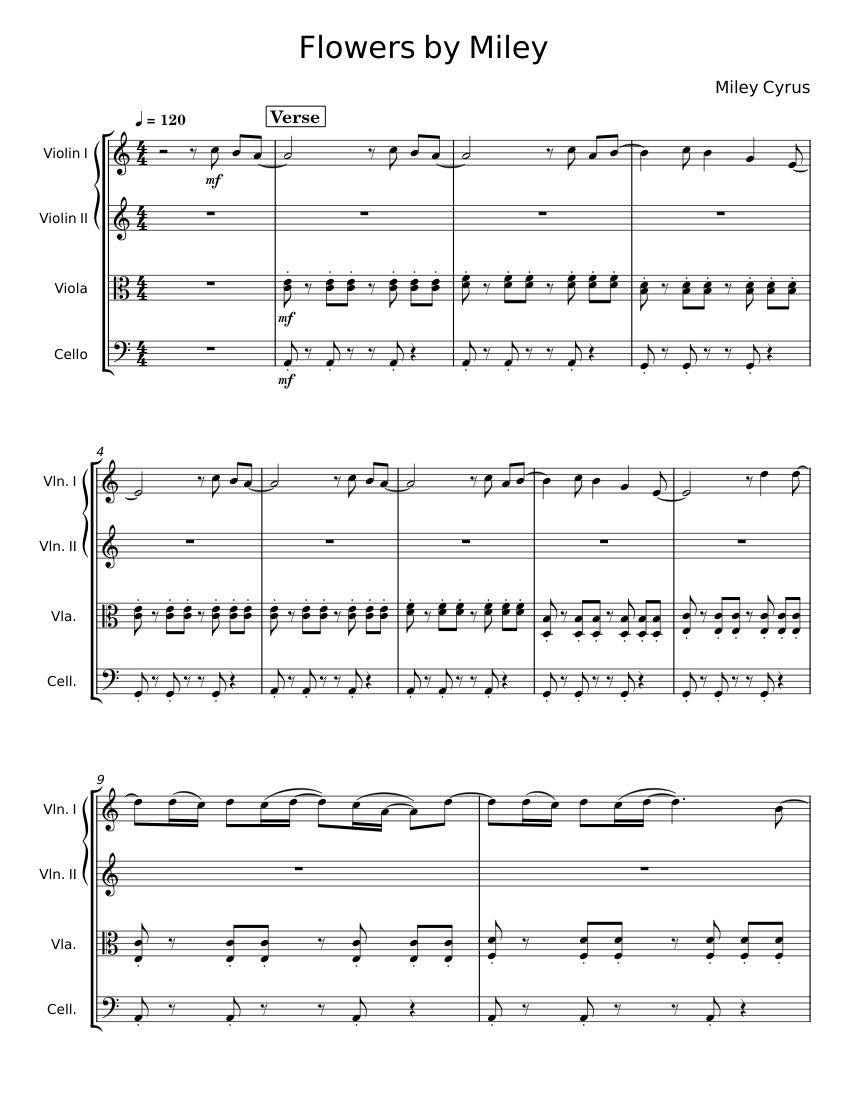 Flowers - Miley Cyrus Sheet Music for Violin, Viola, Cello (String ...