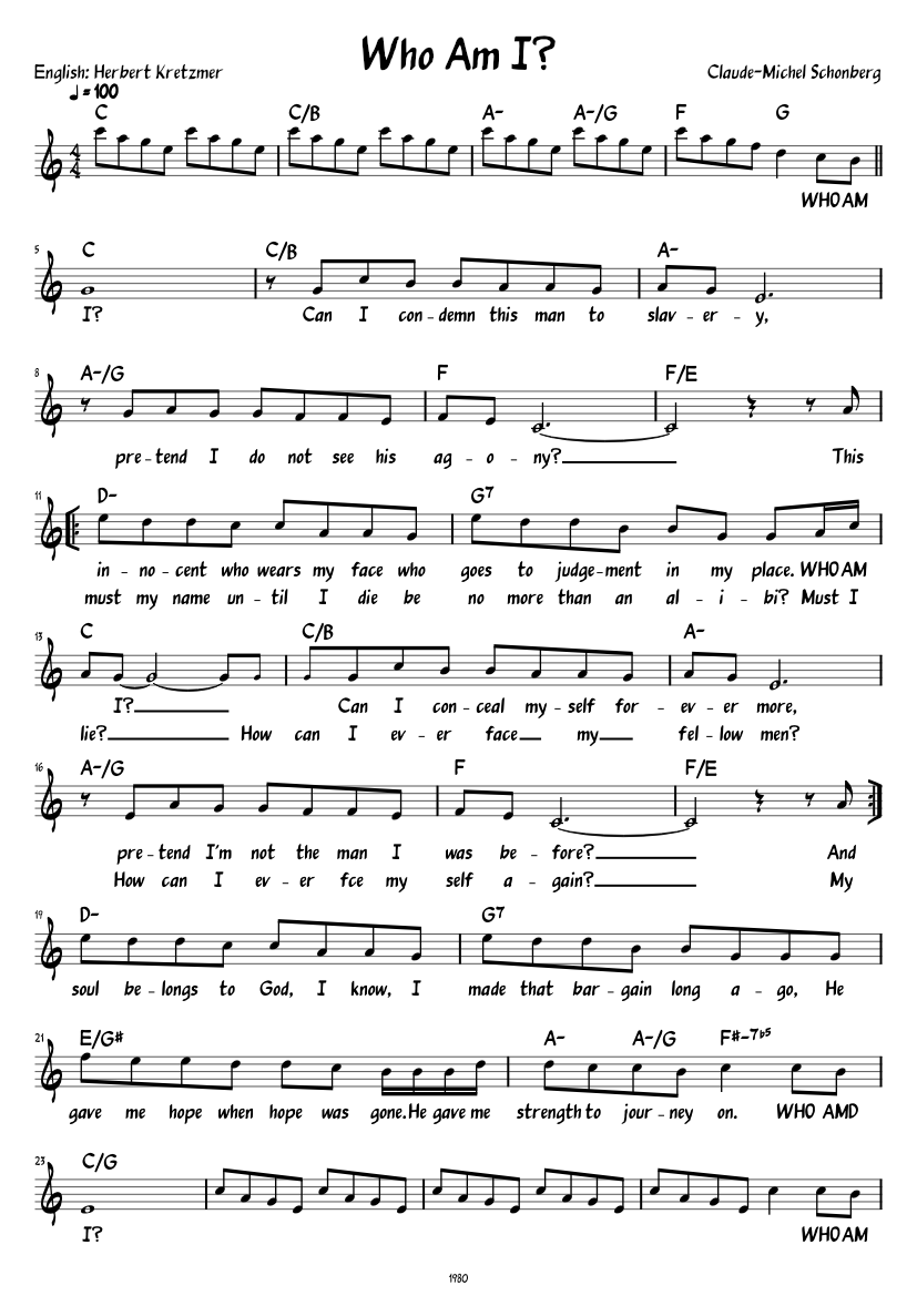Who Am I? (From Les Miserables) (Lead sheet with lyrics ) Sheet Music ...