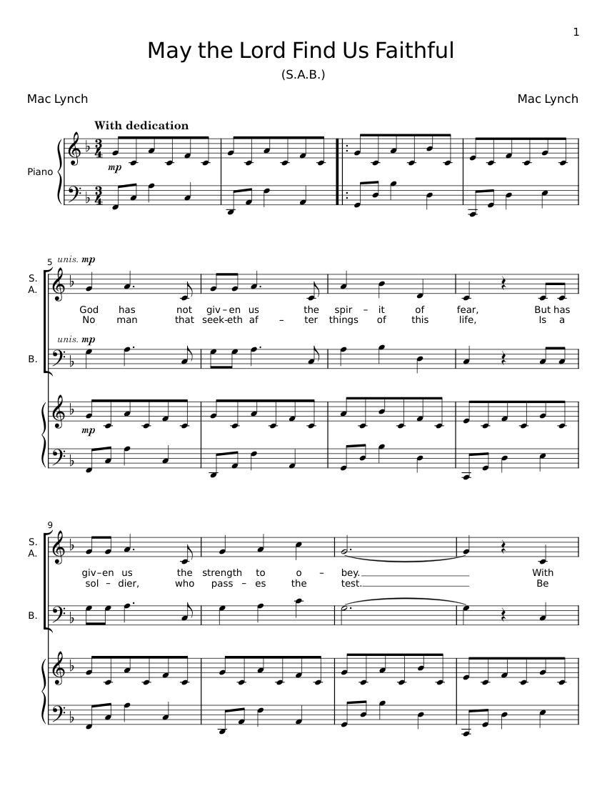 May the lord find us faithful - Mac Lynch Sheet Music for Piano ...