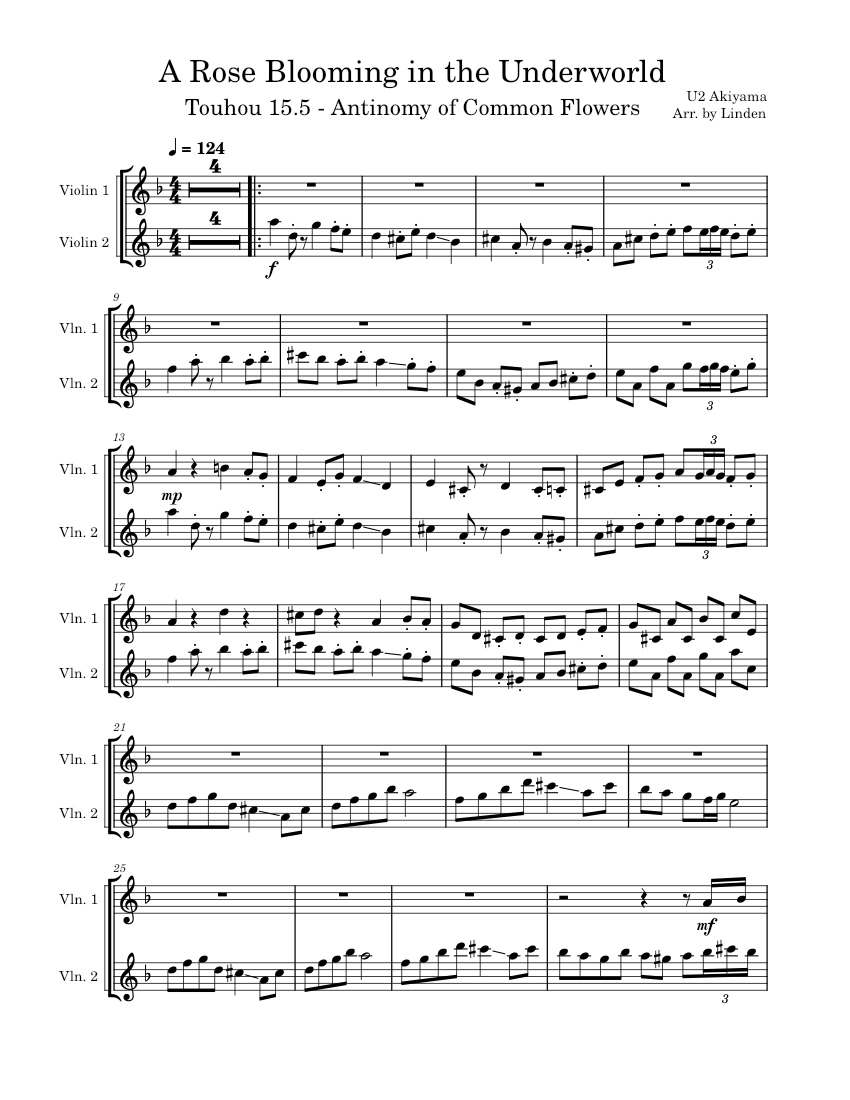 Touhou 15.5 AoCF - A Rose Blooming in the Underworld (Violin Duet) Sheet music for Violin ...