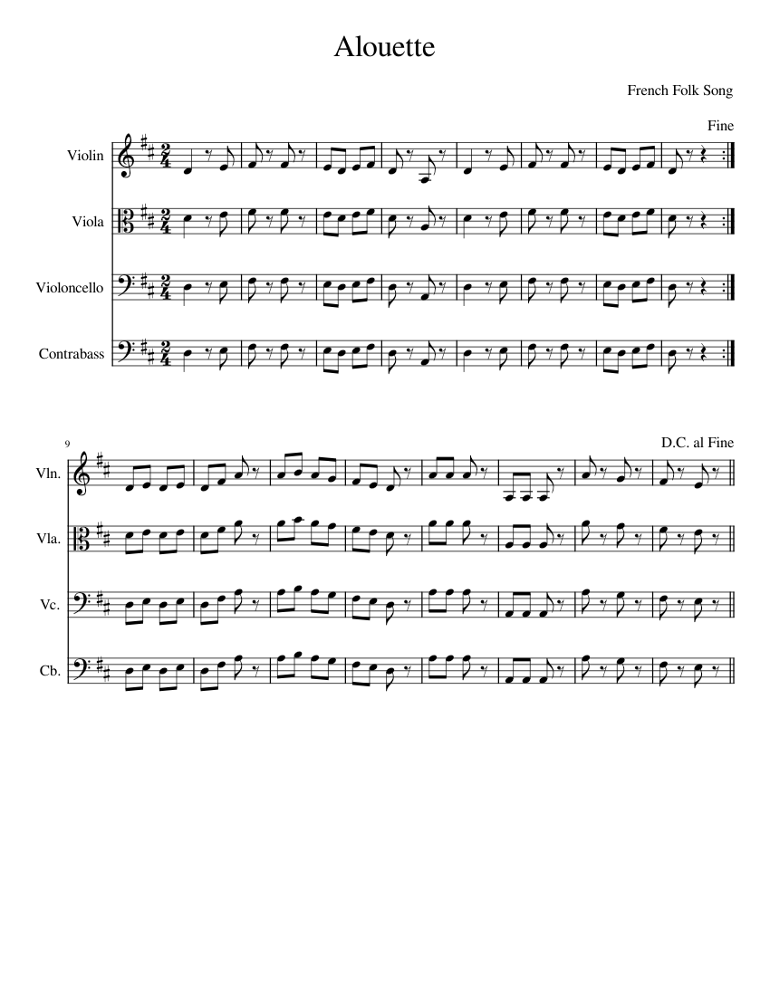 Alouette – French Folk Song Alouette.mscz Sheet Music for Violin, Viola ...
