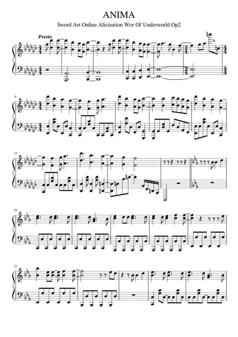 Sword Art Online Alicization War of underworld Op2 ANIMA Sheet music for Piano (Solo ...