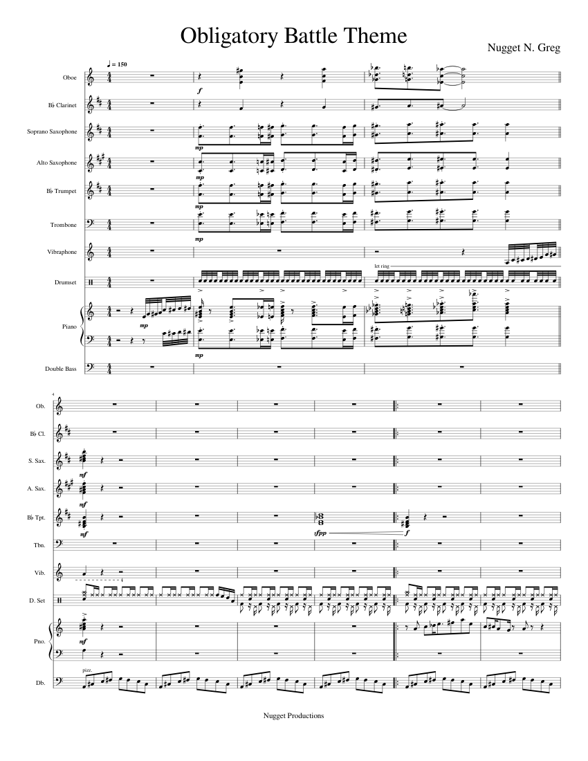 Obligatory Battle Theme Sheet Music for Piano, Trombone, Oboe, Clarinet ...