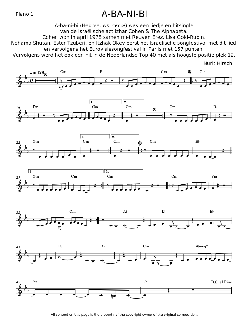 A-ba-ni-bi - Nurit Hirsch Sheet music for Piano (Solo) Easy | Musescore.com