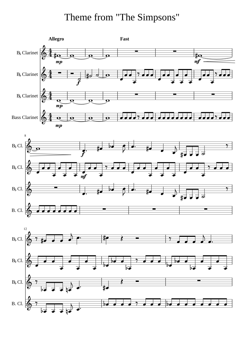 "The Simpsons" Clarinet Quartet Sheet music for Clarinet bass ...