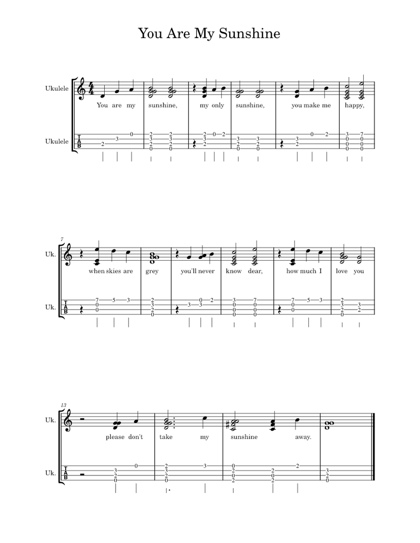You Are My Sunshine - Ukulele Fingerstyle Sheet music for Ukulele (Solo ...