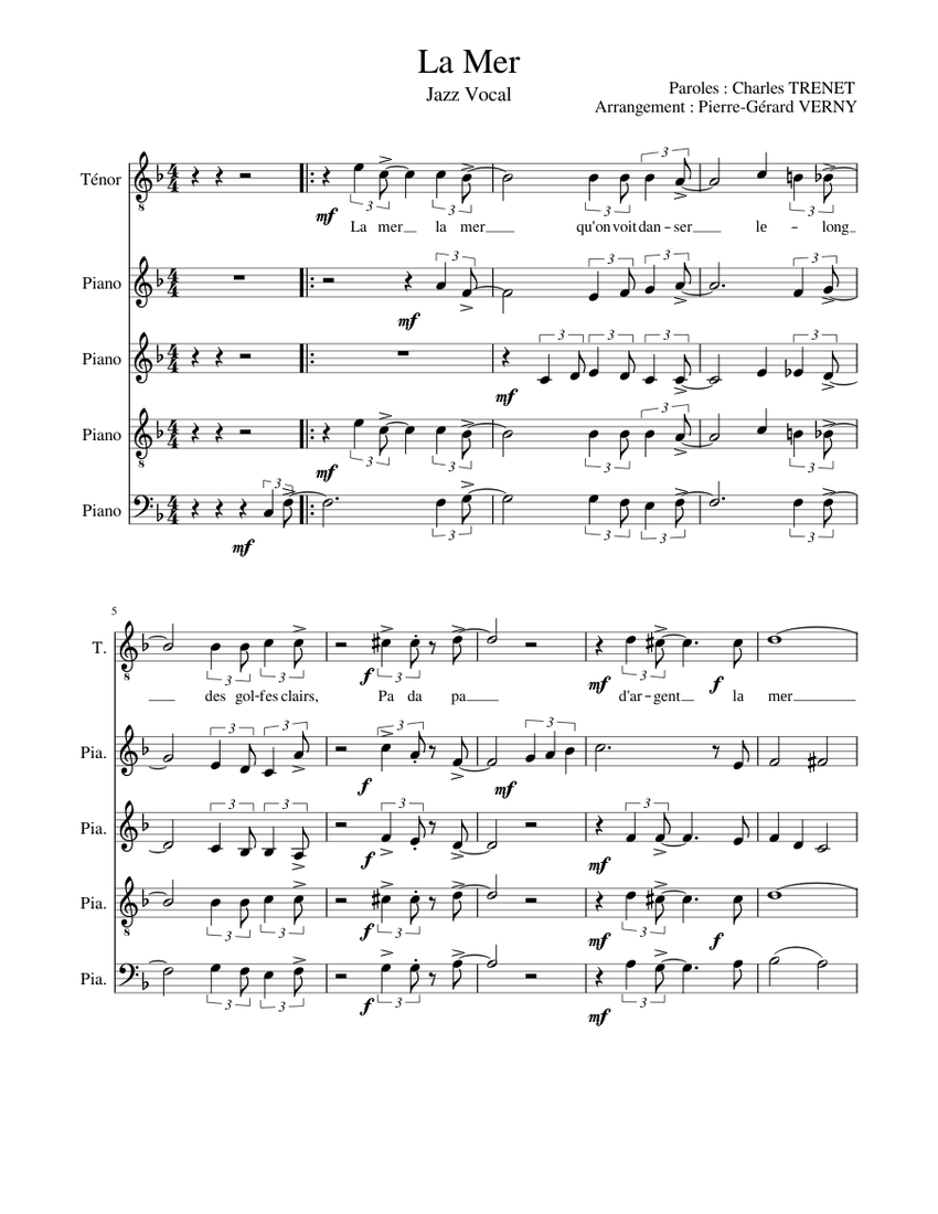 La Mer Ténor Sheet music for Piano, Tenor (Mixed Quintet) | Download ...