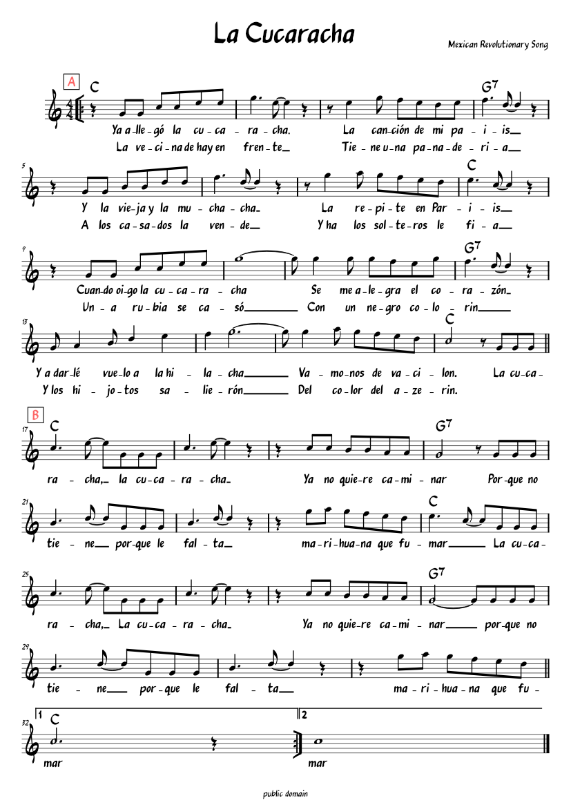 La Cucaracha (Lead sheet with Spanish lyrics ) Sheet music for Drum ...