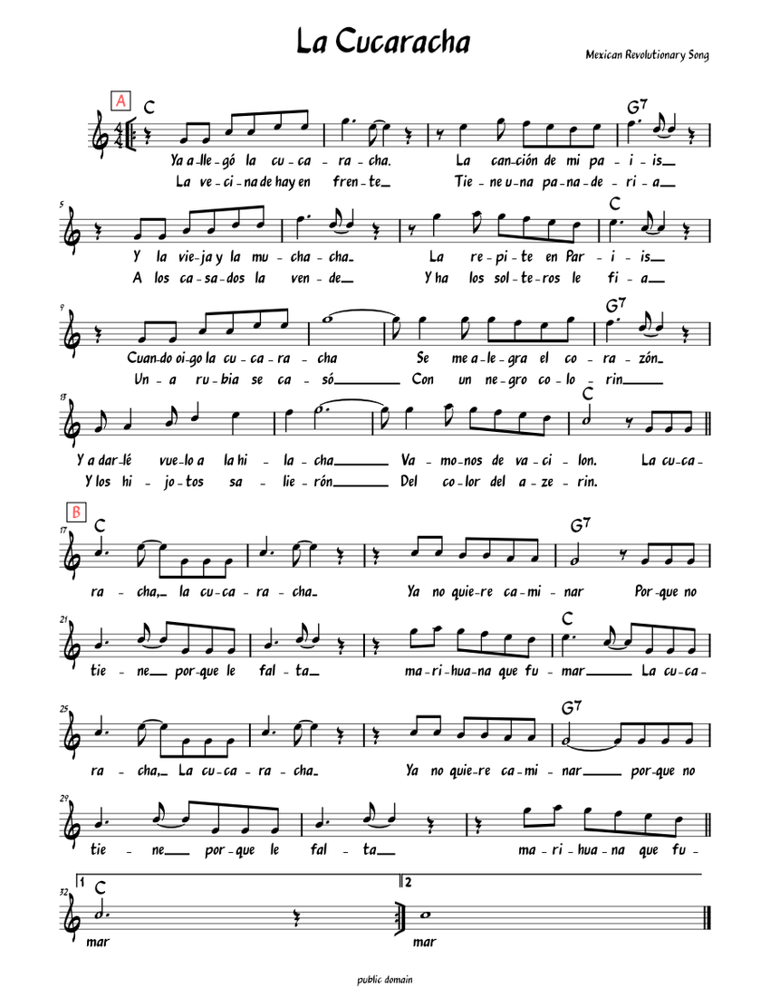 La Cucaracha (Lead sheet with Spanish lyrics ) Sheet music for Drum ...