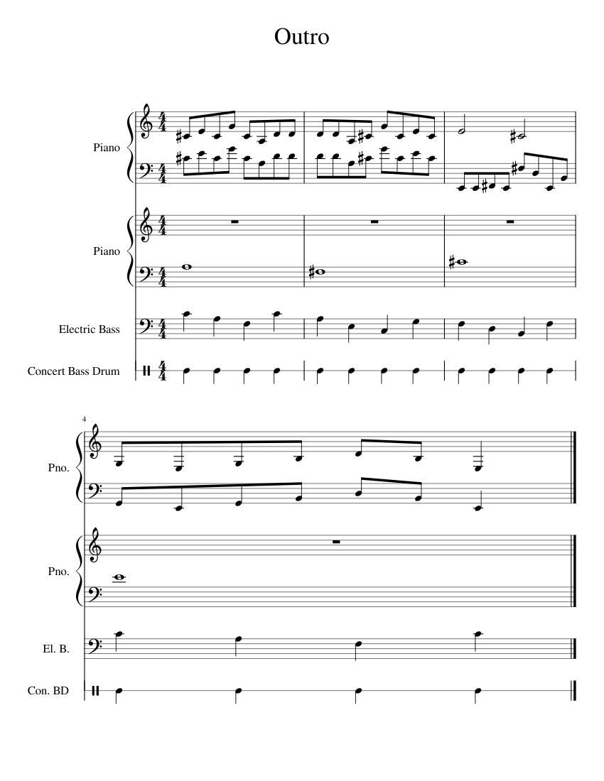Outro Sheet music for Piano, Bass guitar, Bass drum (Mixed Quartet ...