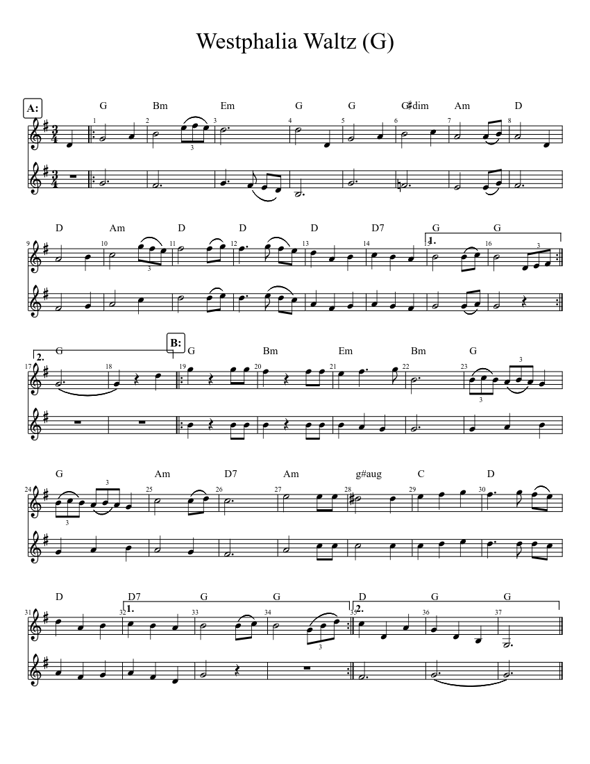 Westphalia Waltz (G) Sheet Music with Chords for Violin (String Duet ...