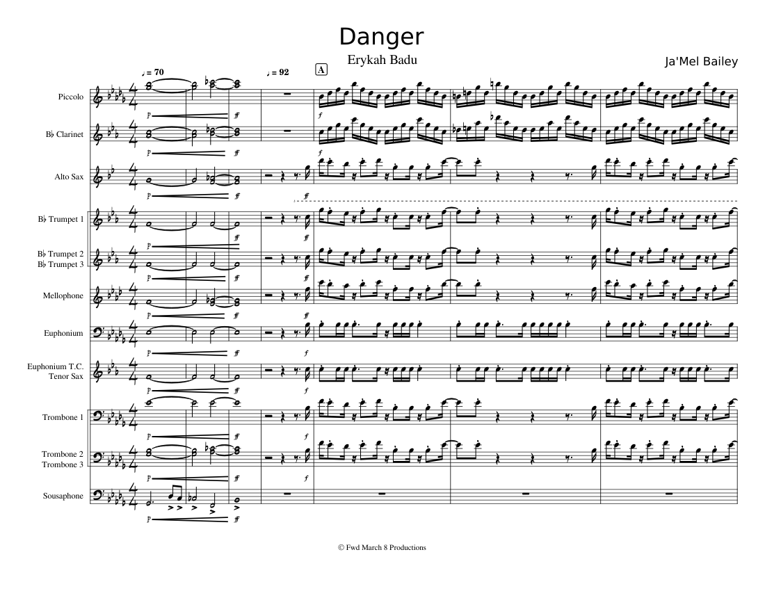 Danger Sheet Music for Trombone, Euphonium, Flute piccolo, Clarinet in ...