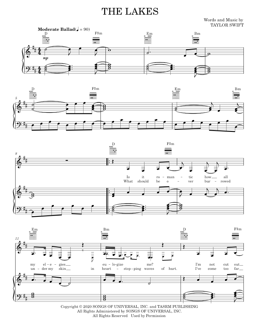 the lakes Sheet music for Piano, Vocals by Taylor Swift: Music Notes by ...
