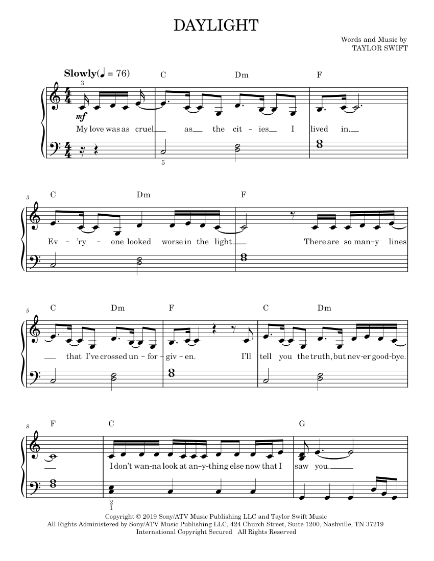 Play Official version of Daylight Sheet Music by Taylor Swift for Piano ...