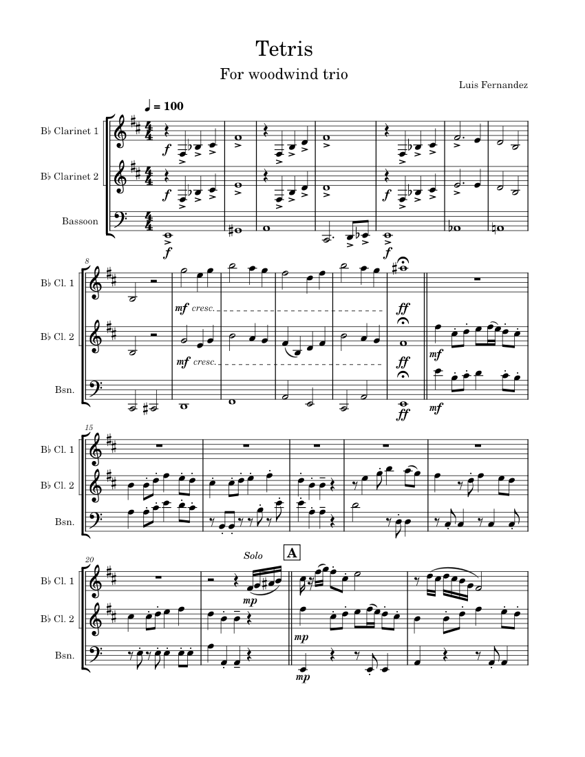 Tetris Sheet music for Clarinet in b-flat, Bassoon (Woodwind Trio ...