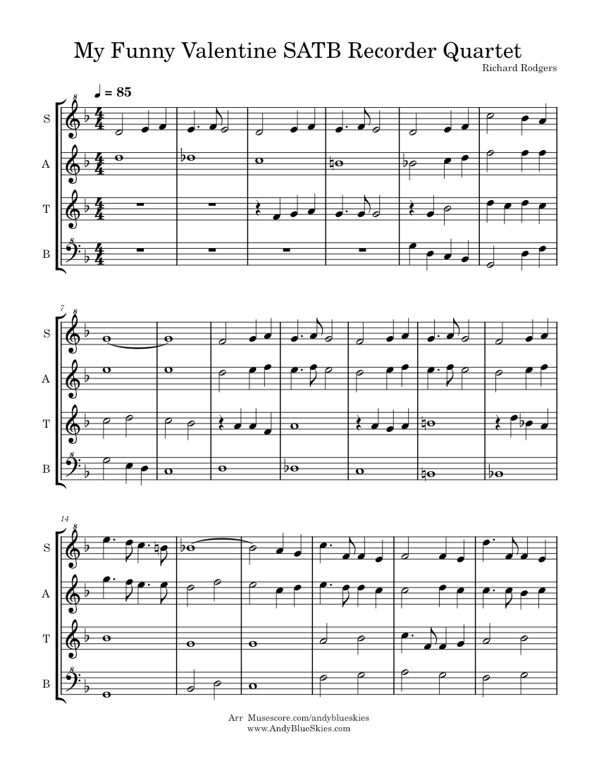 My Funny Valentine SATB Recorder Quartet Sheet Music for Recorder ...