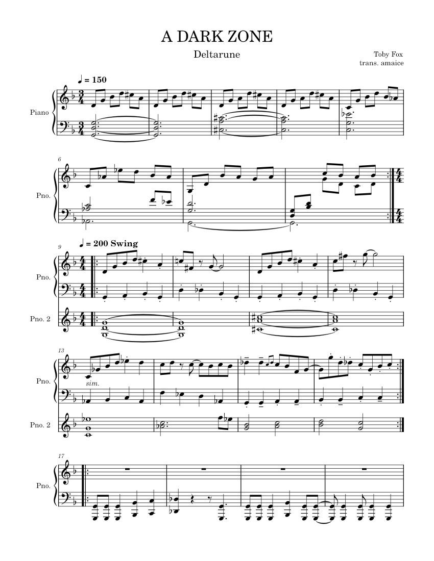 A DARK ZONE – Toby Fox Sheet Music for Piano (Piano Duo) | MuseScore.com