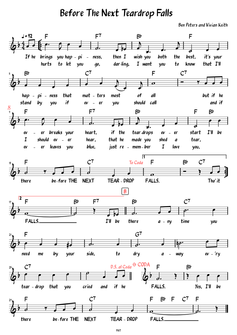 Before The Next Teardrop Falls (Lead sheet with lyrics ) Sheet Music ...