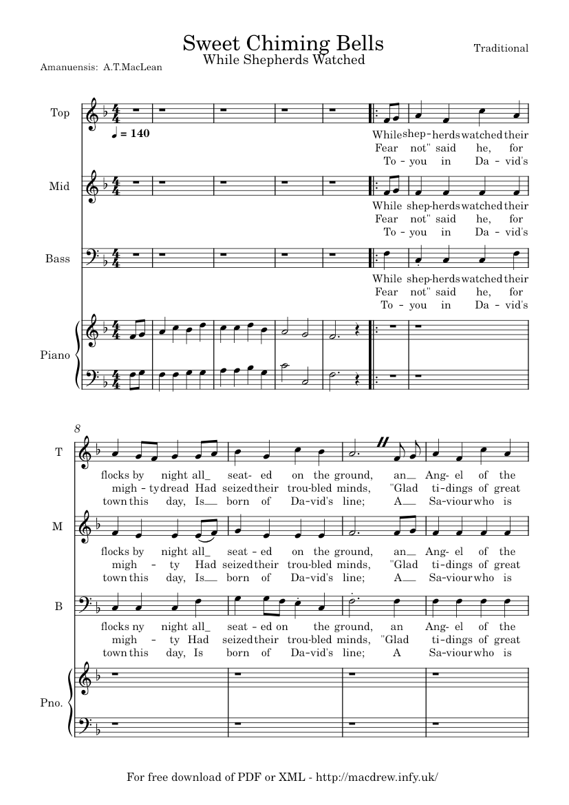 Sweet Chiming Bells (While Shepherds Watched) Sheet music for Piano ...