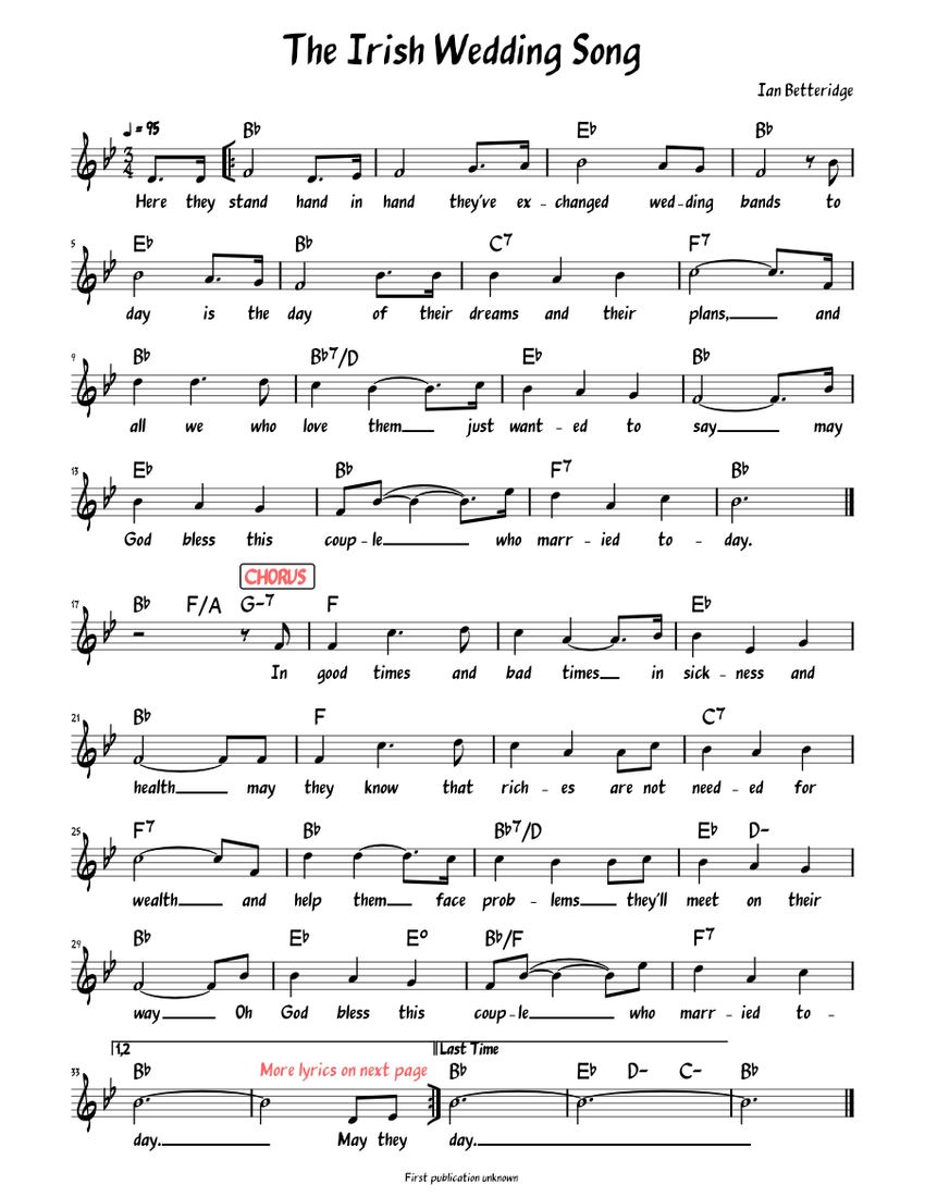 The Irish Wedding Song (Lead sheet with lyrics ) Sheet music for Piano ...