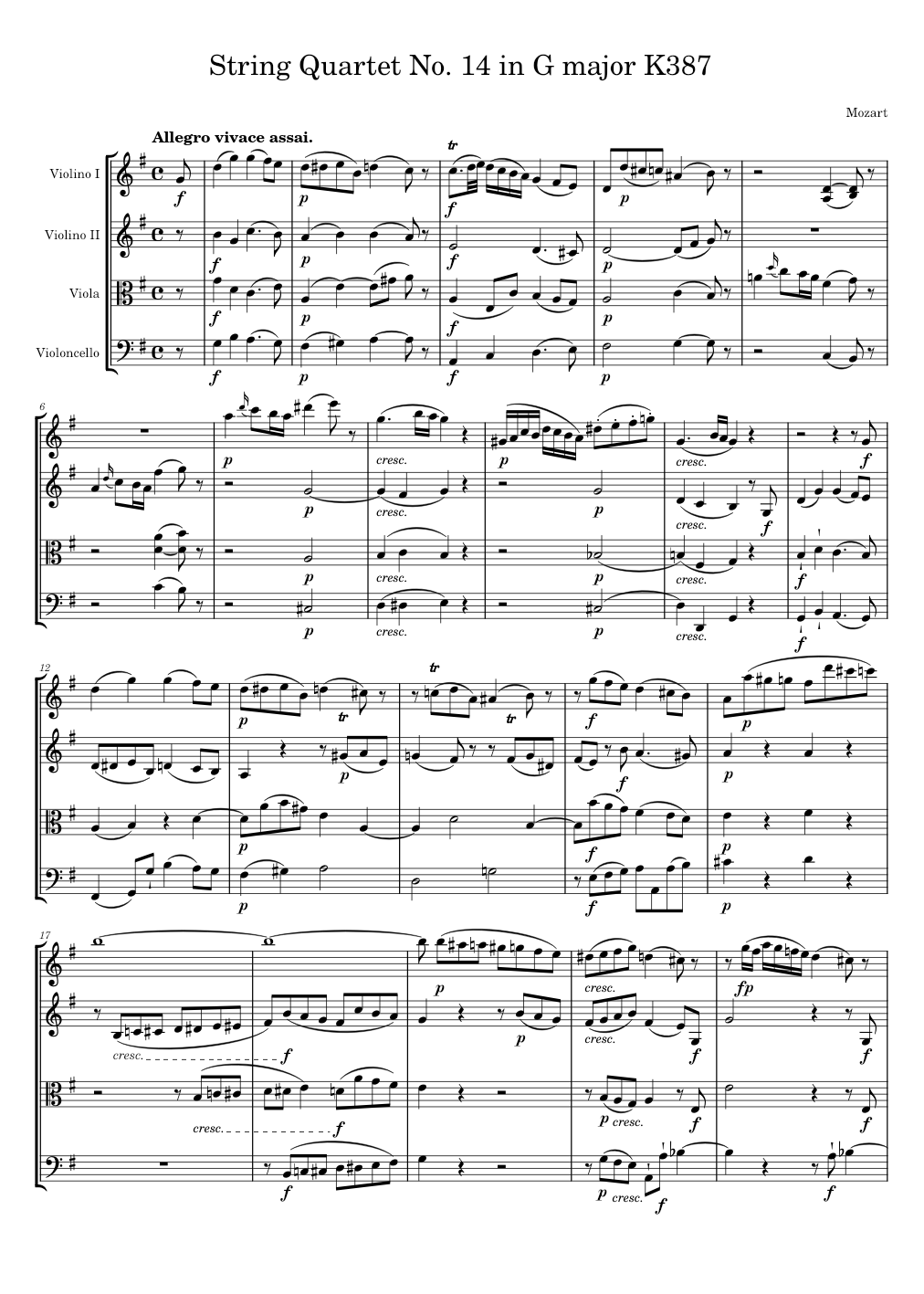 Mozart String Quartet No. 14 in G major K387 Sheet Music for Violin, Viola, Cello (String ...