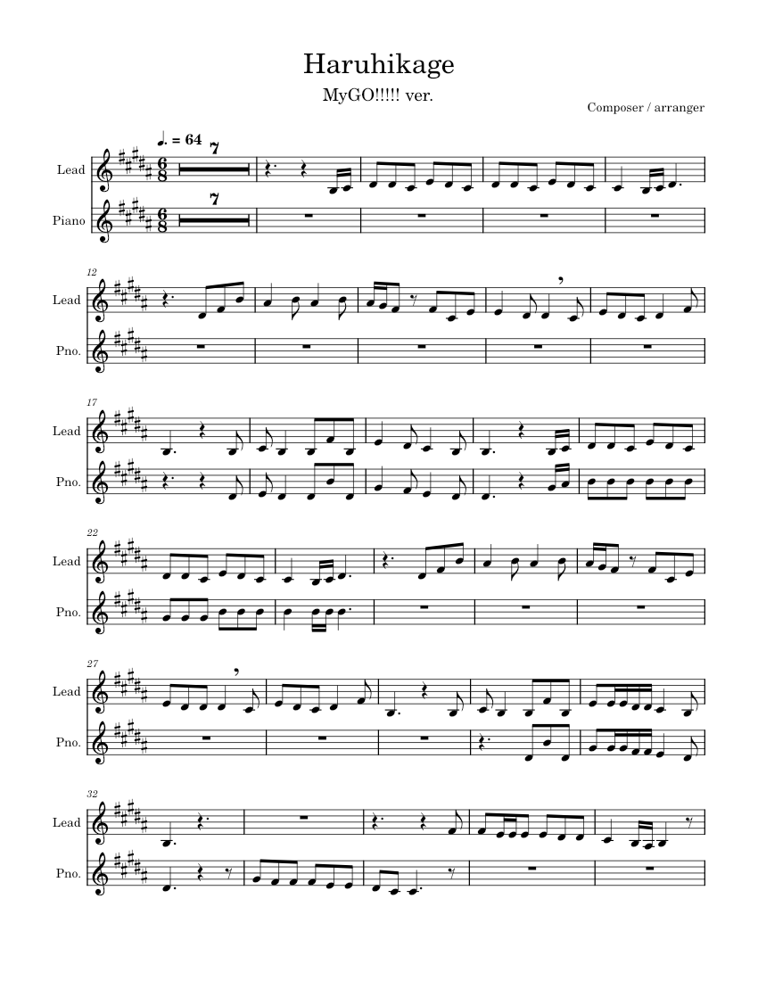 haruhikage - Bang Dream It's MyGO!!!!! Sheet Music for Piano (Solo ...