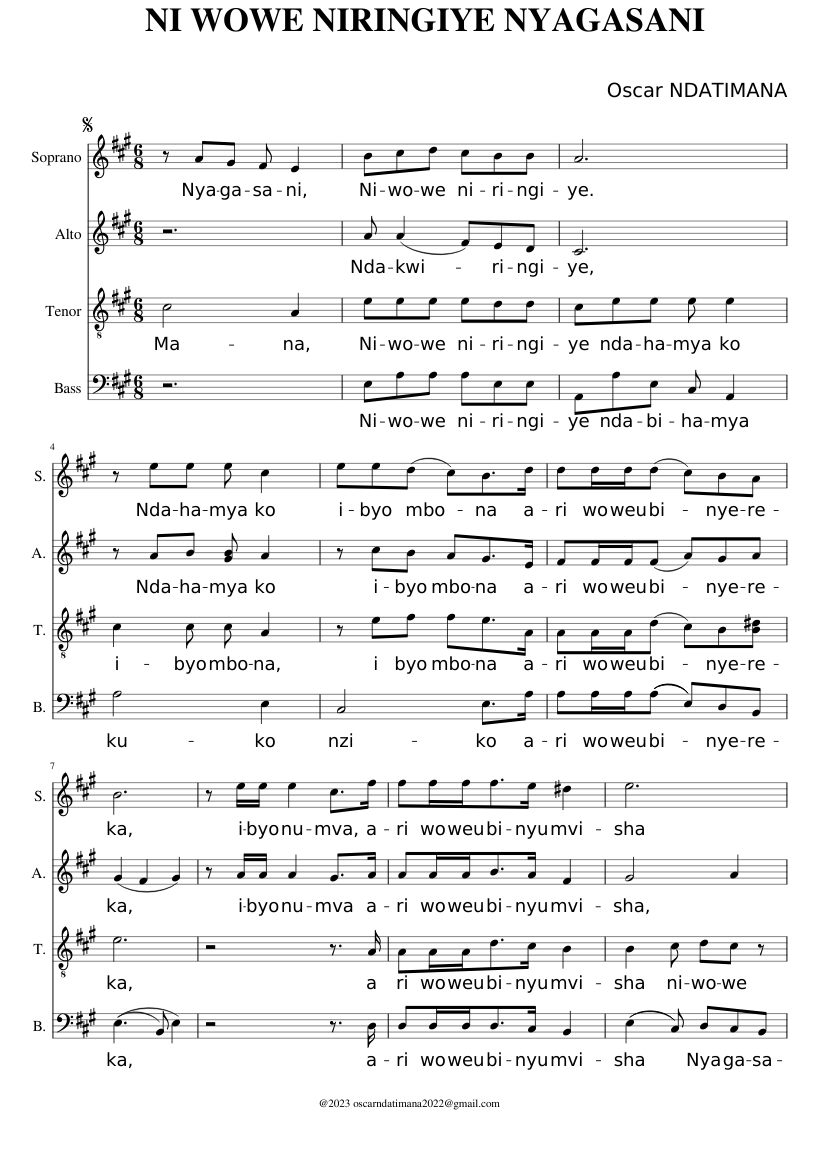 NI WOWE NIRINGIYE NYAGASANI Sheet music for Soprano, Alto, Tenor, Bass ...