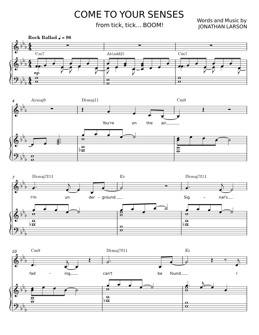 Come To Your Senses - Jonathan Larson, Tick, Tick...Boom! Musical Sheet ...