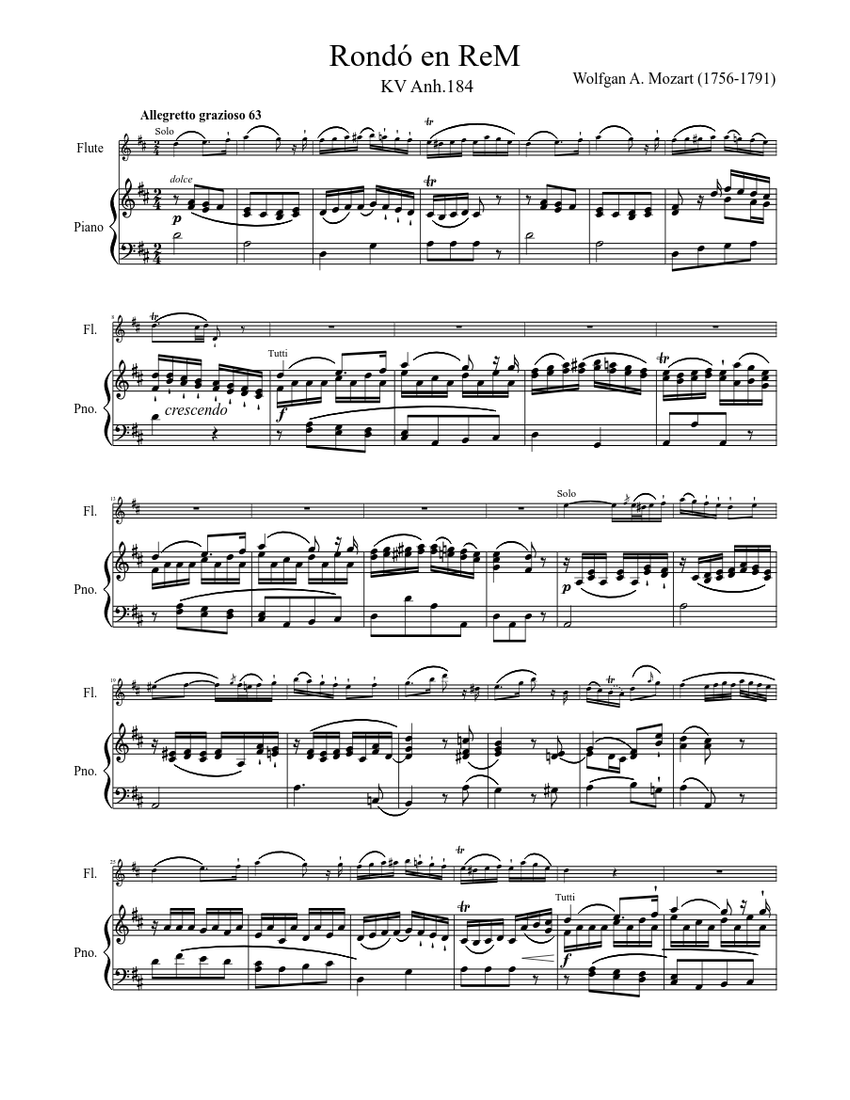 Mozart - Rondó para flauta en ReM KV anh184. Piano Sheet music for ...