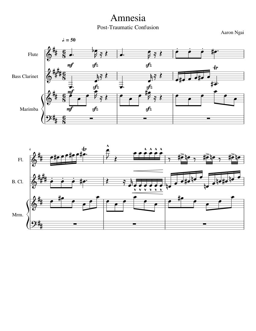 Amnesia Sheet music for Flute, Clarinet bass, Marimba (Mixed Trio ...