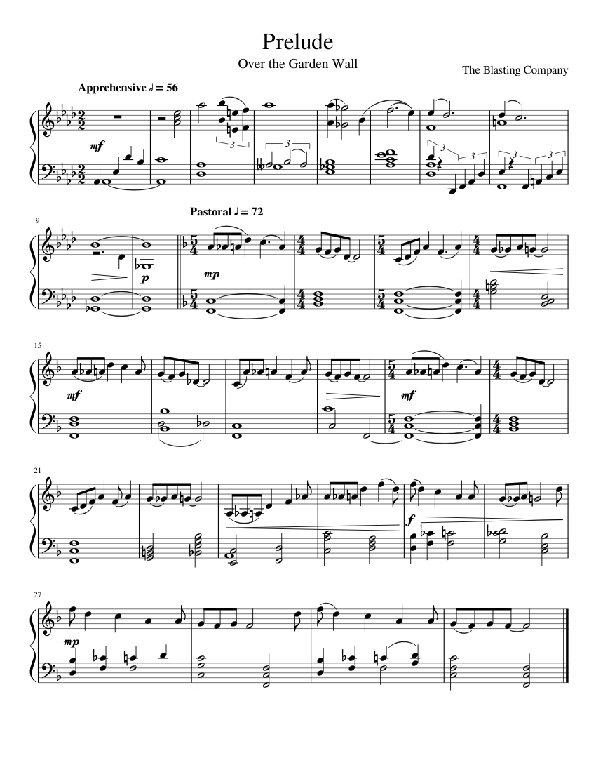 Over the Garden Wall - 1. Prelude (Piano Solo) Sheet music for Piano ...