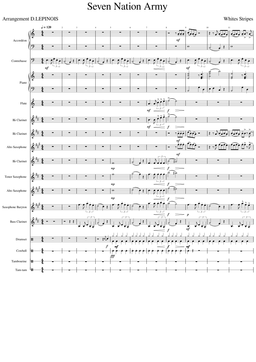 Seven Nation Army Sheet Music for Piano, Accordion, Flute, Saxophone ...