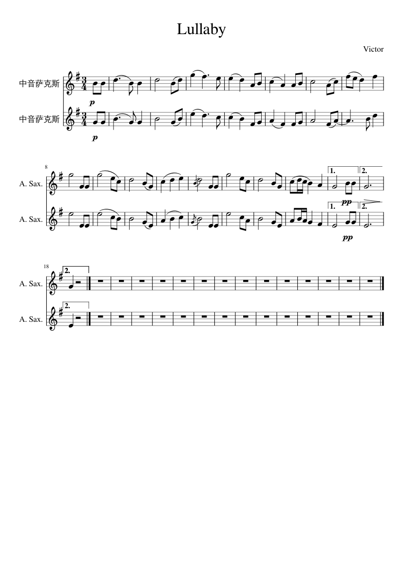 Lullaby-Johannes Brahms Sheet music for Saxophone alto (Woodwind Duet ...